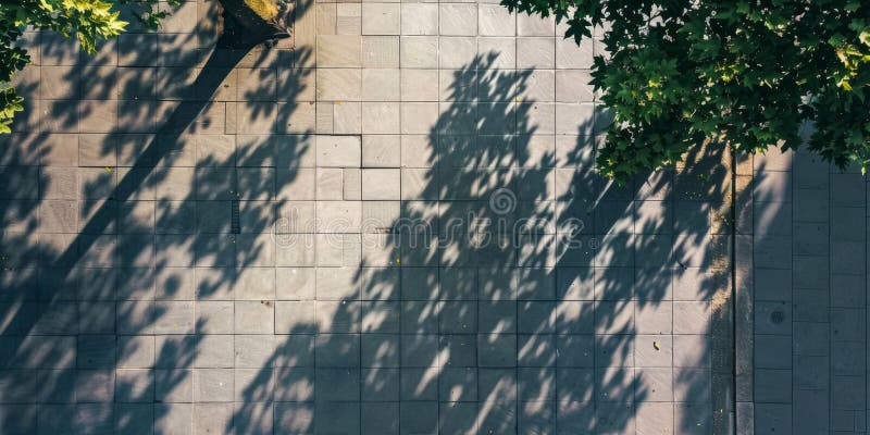 Aerial View of Sunlit Tree Shadows on a Paved Urban Sidewalk in a ...
