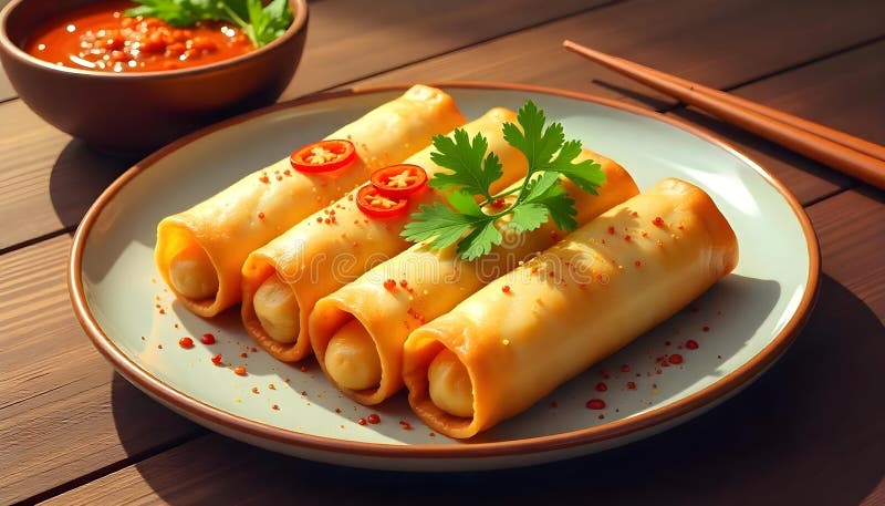 A Clean and Simple Arrangement of Crispy Spring Rolls on a White ...