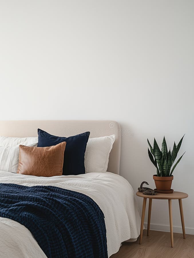 Clean and Simple Bedroom with White and Blue Decor. Great for Modern ...