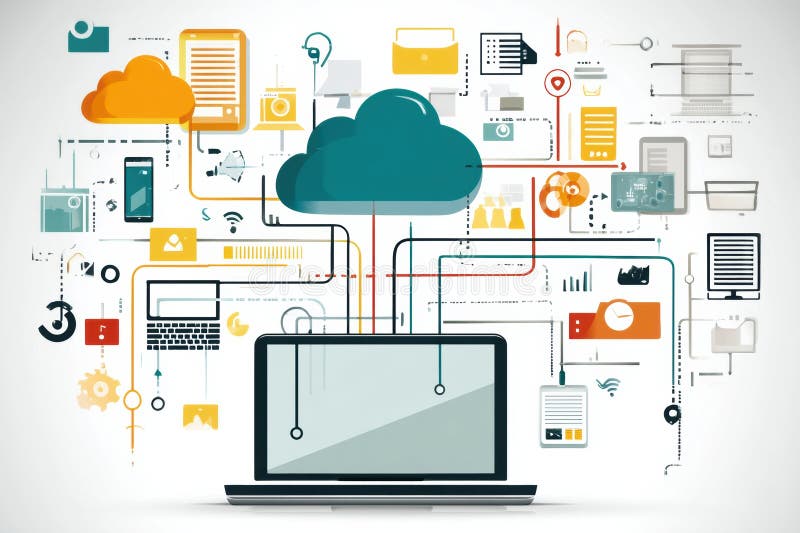 Stylized Laptop Layout with Digital Cloud and Various Icons ...