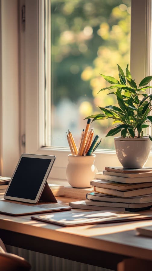 Clean and Simple Study Desk Setup with a Tablet, Books, and Plant, Soft ...