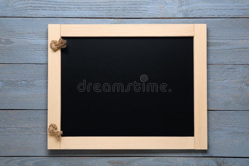 Clean Small Black Chalkboard on Grey Wooden Table, Top View Stock Photo ...