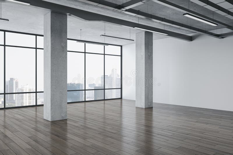Clean Spacious Concrete and Wooden Gallery Interior with Panoramic ...
