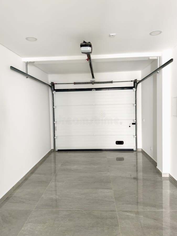 Clean and Spacious Garage Featuring a Motorized Door and Sleek Interior ...