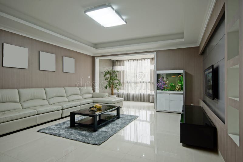 Living Room with Brick Fireplace and Carpet. Stock Photo - Image of ...