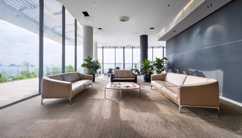 Clean Spacious Waiting Area with Couches and Coffee Table in Modern ...
