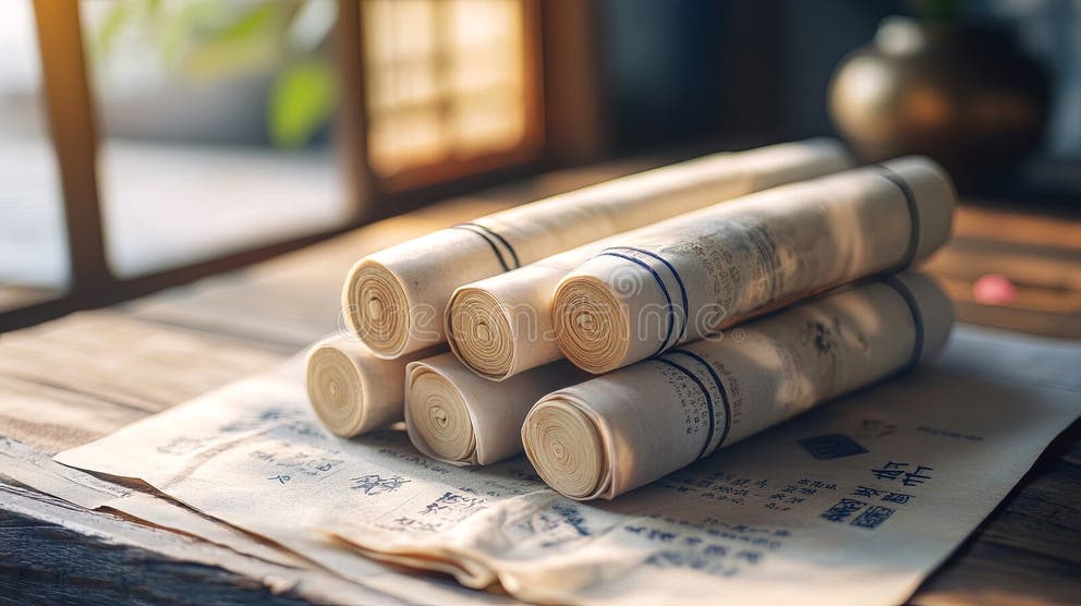 A Clean Stack of Folded Chinese Scrolls Styled on a Neutral Wooden ...