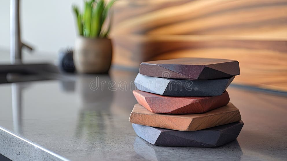 A Clean Stack of Geometric Coasters Styled on a Smooth Stone Counter ...