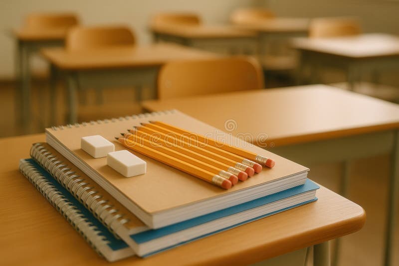 A Clean Stack of Notebooks with Sharpened Pencils and Erasers on a ...
