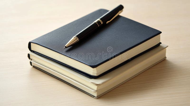 A Clean Stack of Notebooks with a Single Pen Resting on a Light Wooden ...