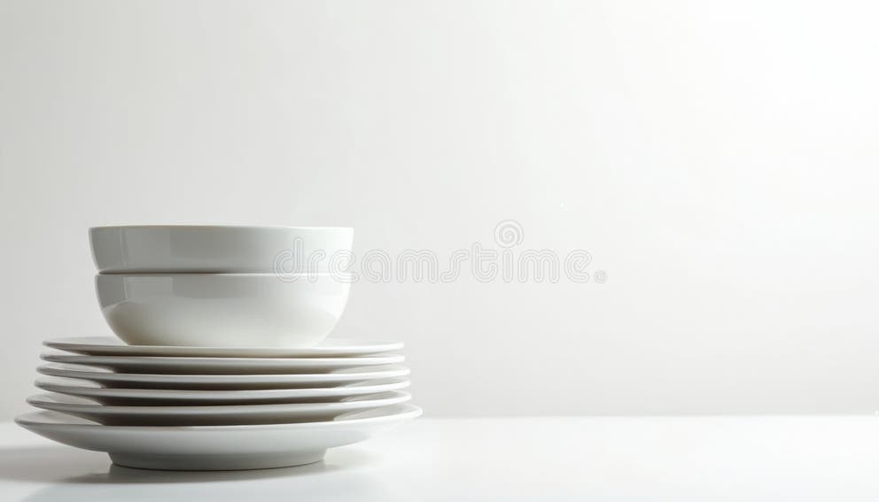 Clean Stack of White Ceramic Plates, Bowls on Table Against Bright ...