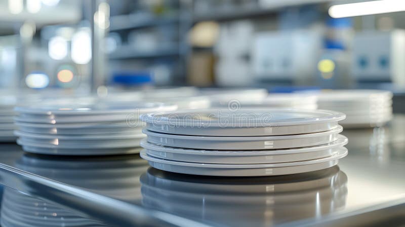 Clean Stacked White Plates in a Commercial Kitchen Environment Stock ...