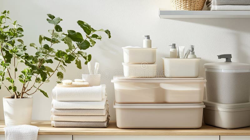 A Clean Storage Solution Styled with Stackable Bins in Neutral Shades ...
