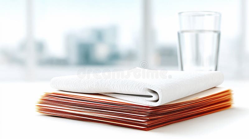 Clean Studio Shot Featuring a Stack of Paper and a Glass of Water ...