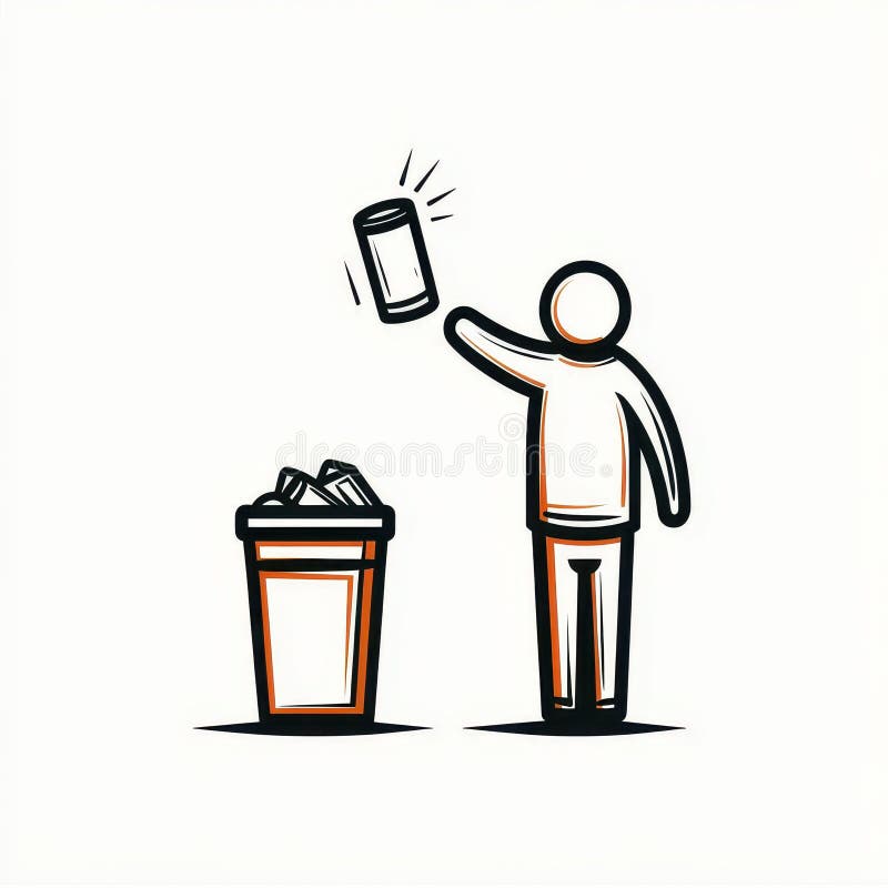 Stick Figure Throwing a Can into a Trash Bin with Precise Motion Stock ...
