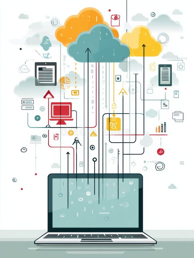 Stylized Laptop Displaying Digital Cloud Icons with Data Uploads and ...