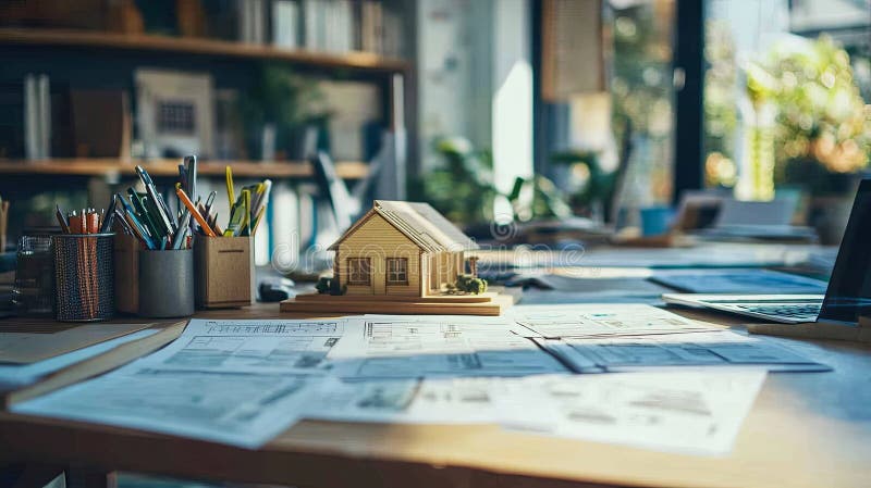 A Clean Table Setup with Zoning Documents and a Miniature Wooden Stock ...