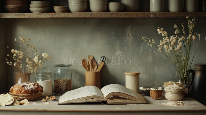 A Clean Table Styled with a Single Recipe Book and Fresh Baking ...