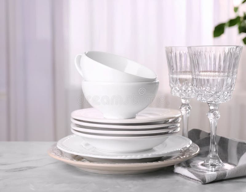 Clean Tableware Set on Light Grey Marble Table Stock Photo - Image of ...