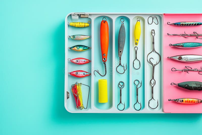 A Clean Tackle Box Displayed with Vibrant Hooks and Bait on a Pastel ...