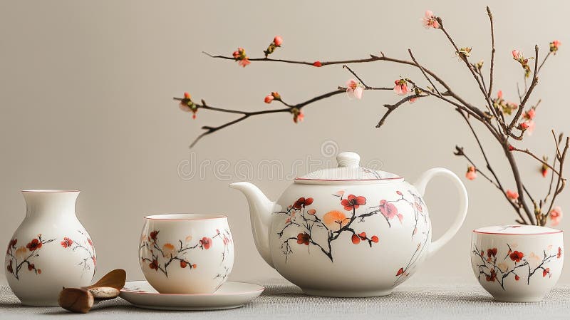 A Clean Tea Set with Delicate Floral Patterns Arranged on a Neutral ...