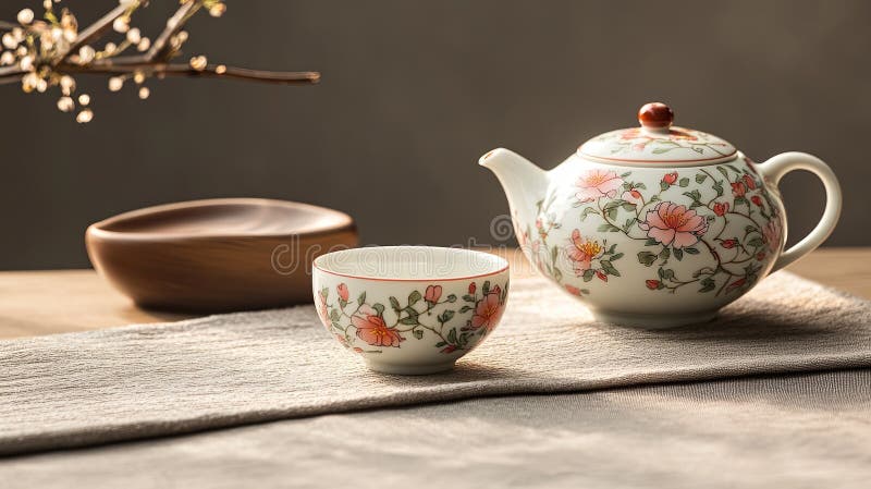 A Clean Tea Set with Delicate Floral Patterns Arranged on a Neutral ...