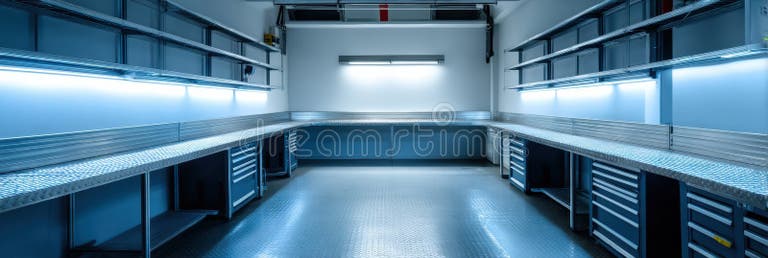 Clean Tech Repair Bench Under Diagonal Lighting with Spacious Layout ...