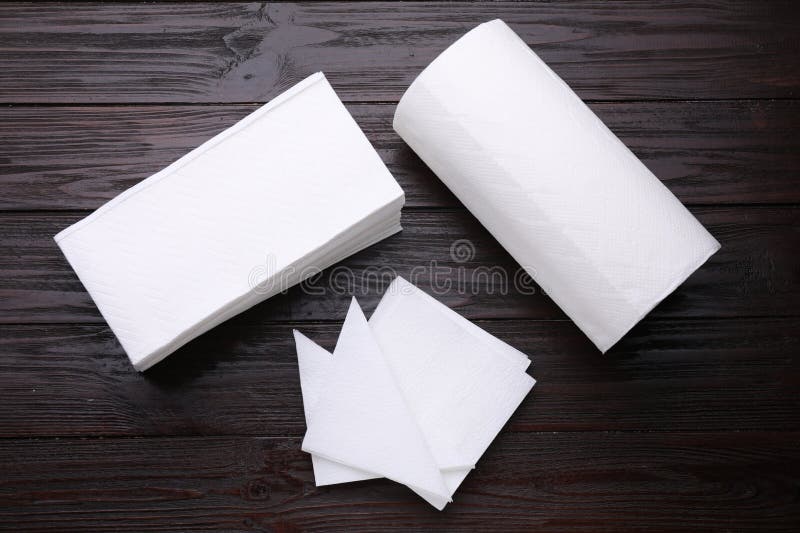 Clean Tissues and Paper Towels on Wooden Table, Flat Lay Stock Photo ...