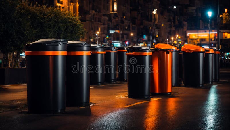 Clean Trash Cans the Night City Stock Illustration - Illustration of ...