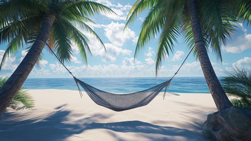 A Clean Tropical Beach Setup Featuring a Minimalist Hammock between Two ...