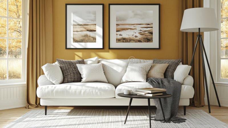 A Clean and Uncluttered Interior with a Blank Framed Poster Over a Sofa ...