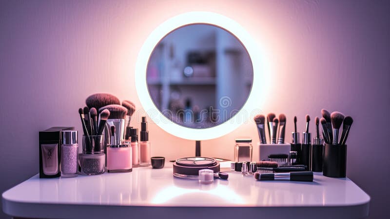 A Clean Vanity Setup with a Glowing Makeup Mirror and Organized Tools ...