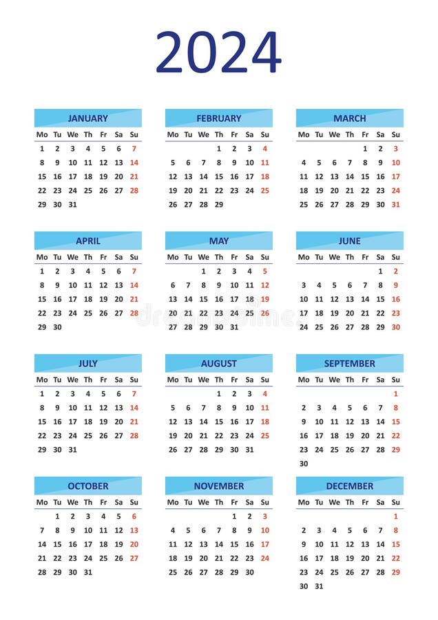 Clean Vector 2024 Calendar Week Starts on Monday Stock Vector ...