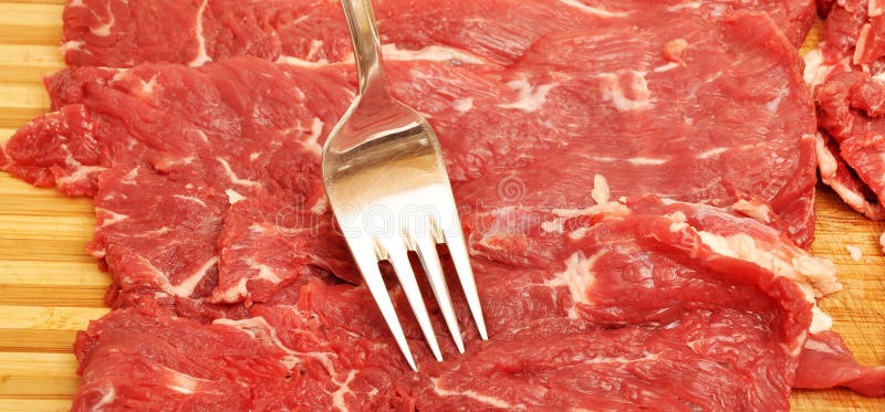 Clean Very Fresh Red Raw Cow Meat Beef and Fork, on Cutting Board, Cow ...