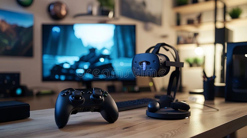 A Clean VR Gaming Setup with Controllers, a Headset, and a Neatly Stock ...