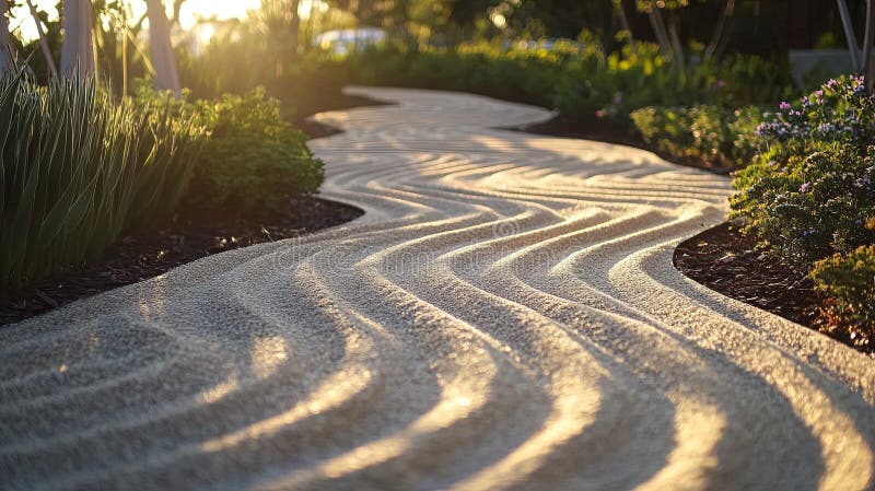A Clean Walking Path through a Zen Garden with Soft Sand Patterns ...