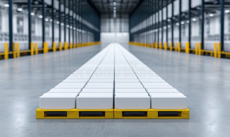 A Clean Warehouse Interior Featuring Neatly Stacked Pallets of White ...