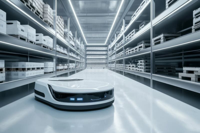 Clean Warehouse with Organized Shelves Where Smart Robots are Working ...