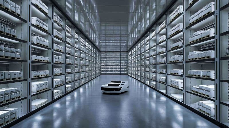 Clean Warehouse with Organized Shelves Where Smart Robots are Working ...