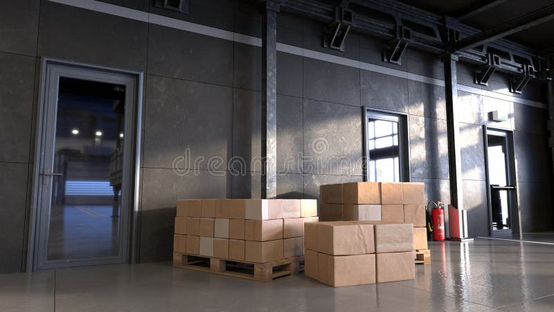 Clean Warehouse with Pallets and Packages. Sunlight Streams through ...