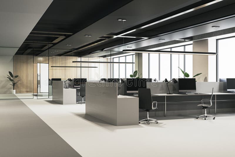 Clean Warehouse Style Coworking Office Interior with Panoramic Windows ...