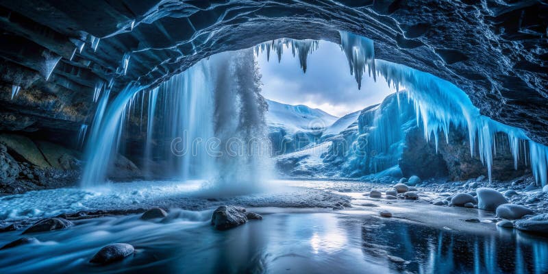 Clean Water Falling Down from Icicles Inside Dark Icy Cave in Iceland ...