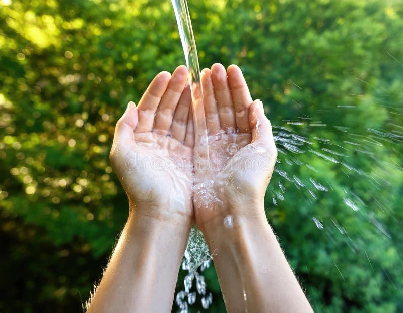 Water Flows from the Tap into Cupped Hands. Generated with AI Stock ...