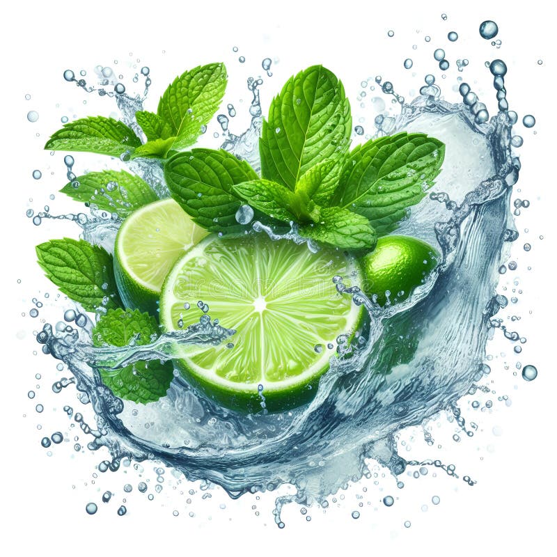 Clean Water Splash with Mint Leaves and Lime Slice and Splatters in ...