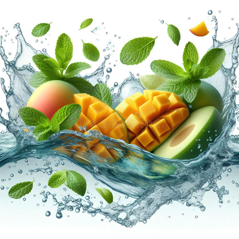 Clean Water Splash with Mint Leaves, Mango Slices and Splatters in ...