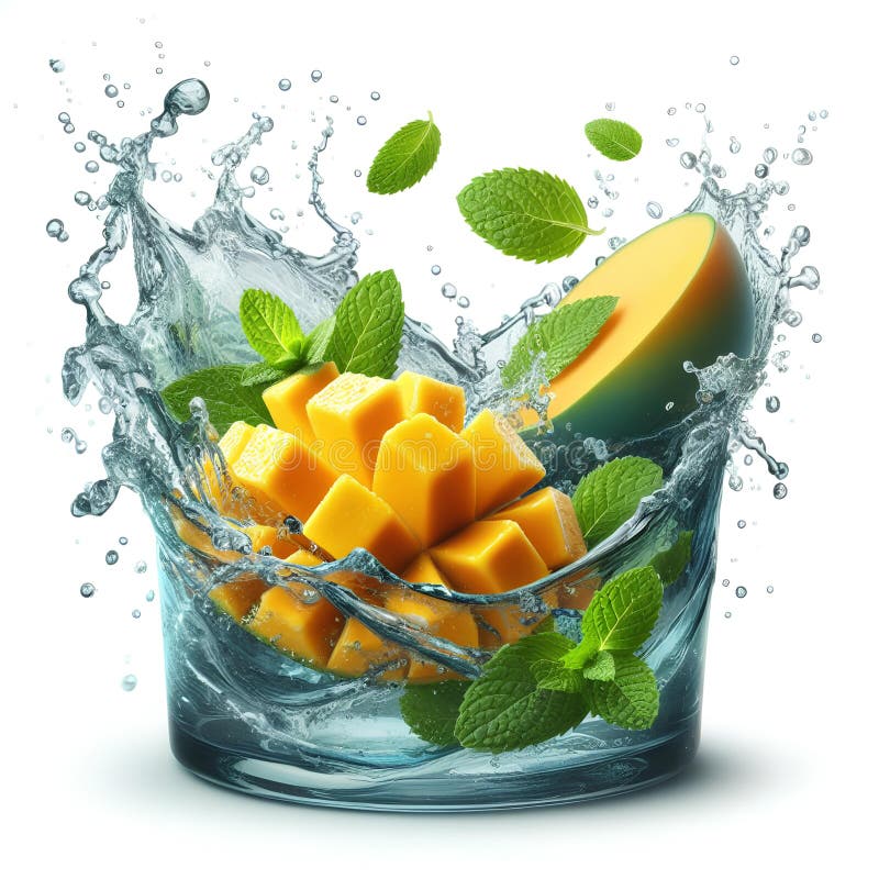 Clean Water Splash with Mint Leaves, Mango Slices and Splatters in ...