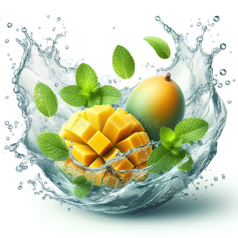 Clean Water Splash with Mint Leaves, Mango Slices and Splatters in ...