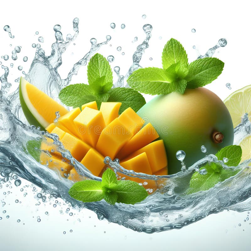 Clean Water Splash with Mint Leaves, Mango Slices and Splatters in ...