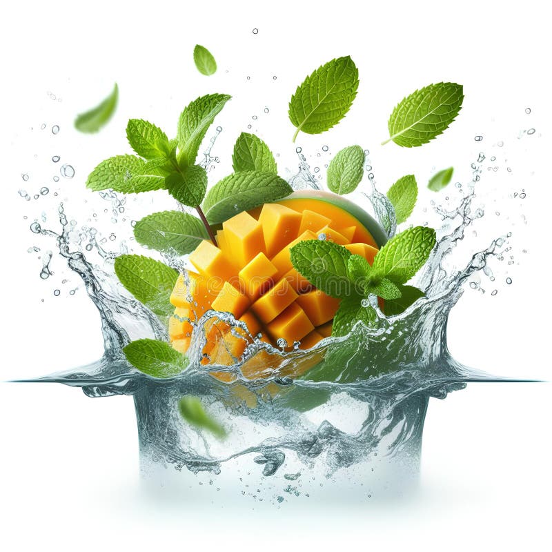 Clean Water Splash with Mint Leaves, Mango Slices and Splatters in ...