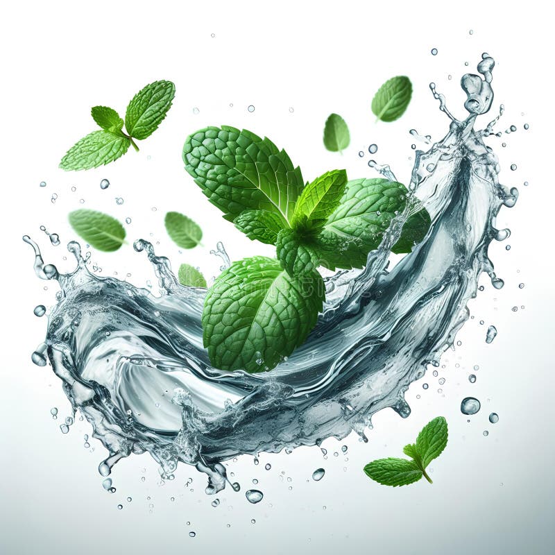 Clean Water Splash with Mint Leaves and Splatters in Water Wave ...